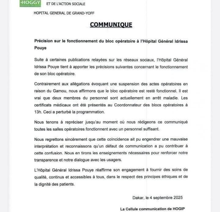 Bloc opératoire de l’Hôpital Idrissa Pouye : la direction dément toute ...